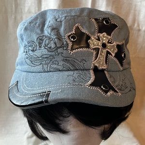 Accessories | Light Blue Denim Cap With Leather Crosd | Poshmark